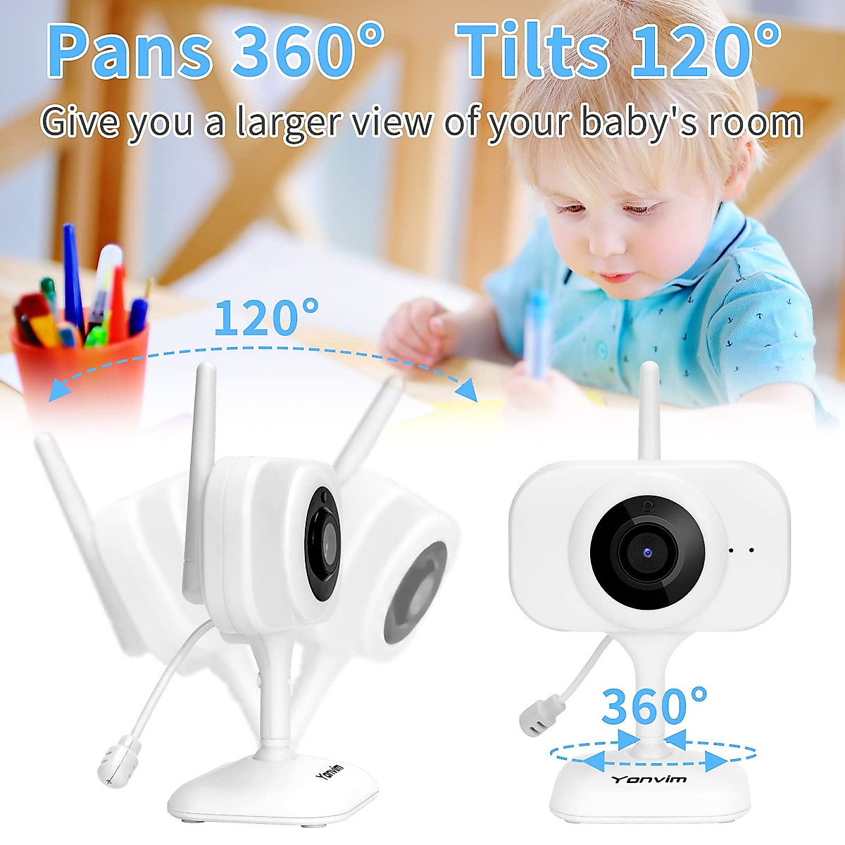 Yonvim Baby Monitor Camera, 4.3" Split Screen Video Baby Monitor with 2 Cameras and Audio, No WiFi, Night Vision, Two Way Talk, Long Range, Temperature Sense, 4X Zoom