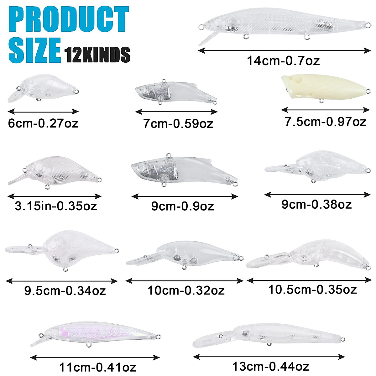 Unpainted Fishing Lures Crankbait Blanks Hard Lures Kit with 3D Eyes Blank Fishing Lure Making Kit Lipless Crankbait Minnow Popper Jerkbait VIB Clear Bodies