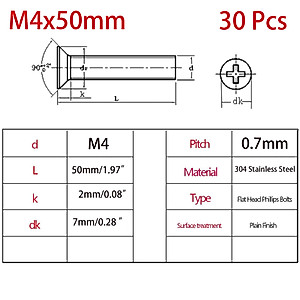 30 Pcs M4-0.7x50mm Flat Head Machine Screws, Phillips Cross Screw, Phillips Drive，304 Stainless Steel, Fasteners Bolts，Countersunk Machine Screws