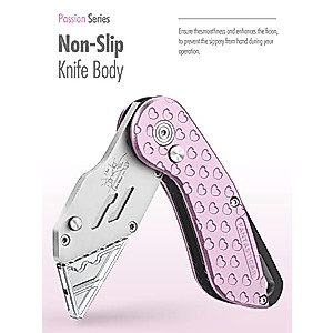 FantastiCAR Box Cutter Folding Utility Knife, Unique Metal Body, Safety Lock Button and Quick Blade Change, with Extra 5 Sharp Blades (Pink-Hearts)