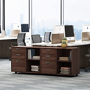 Warmiehomy Mobile Lateral File Cabinet with Smart Lock 3 Drawer Lateral File Cabinet with Open Storage Shelf Rolling Wood Office Filing Cabinet fits A4/Letter/Legal Size (Rustic Brown)