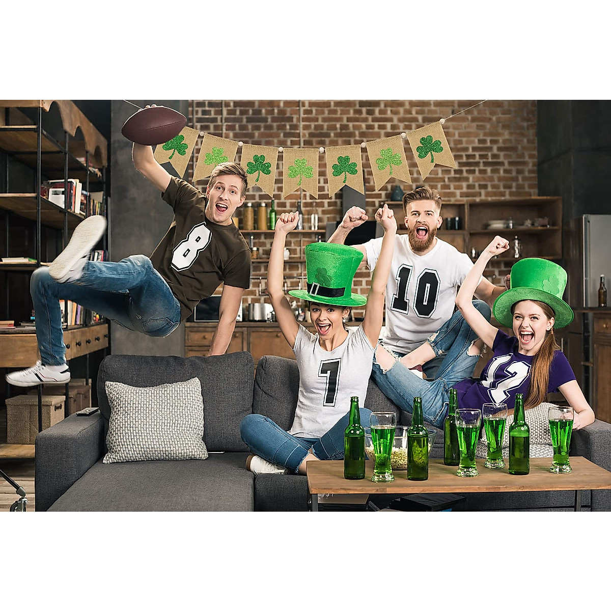 Whaline St. Patrick's Day Banner with Wooden Beads Glitter Green Shamrock Garland Burlap Banner Pre-Assembled Wooden Beads Clover Banner Fireplace Wall Hanging for Party Home Decoration