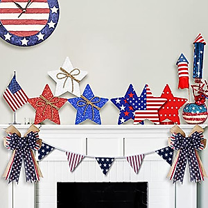 6Pcs 4th of July Patriotic Wooden Glitter Star Signs Table Decor- 4th of July Decorations- Patriotic Party Rustic Farmhouse Wooden Block Signs for Tabletop Centerpiece Tiered Tray Mantle Home Office
