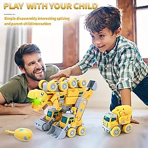 Grechi Take Apart Dinosaur Toys for Kids 5-8, 5 in 1 Construction Vehicles Transform into Big Dinosaur Robot STEM Toys for 3 4 5 6 7 8 Year Old Kids, Boys