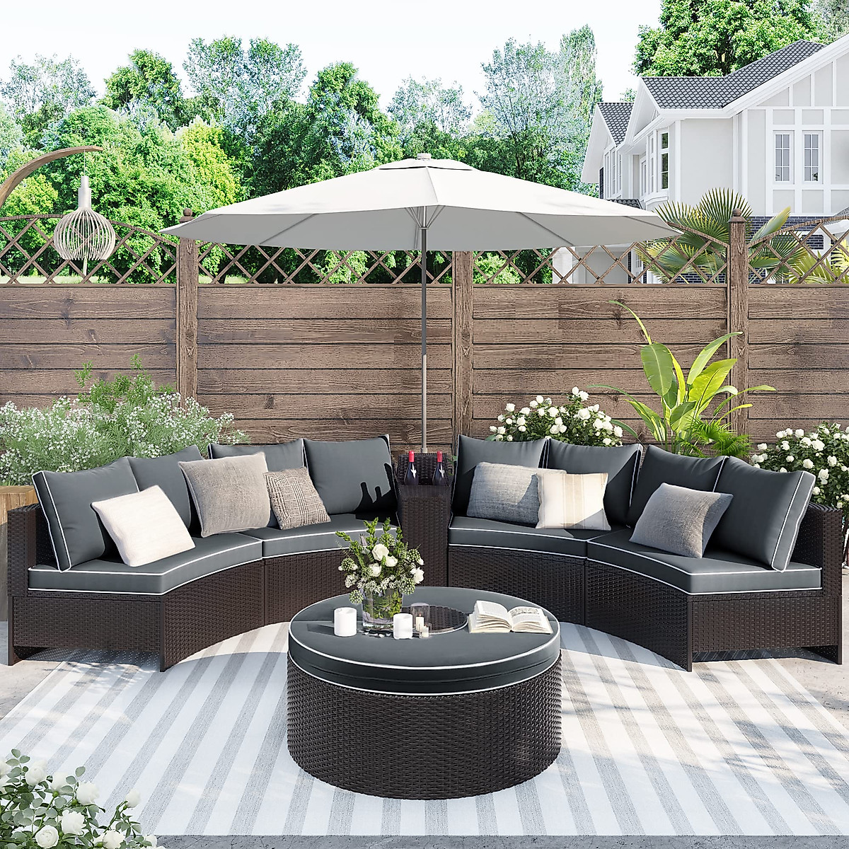 GINGVAT 6 Pieces Patio Sectional Half Outdoor Rattan PE Wicker Conversation Sofa Set, Storage Side Umbrella and One Multifunctional Round Table, Brown+ Gray
