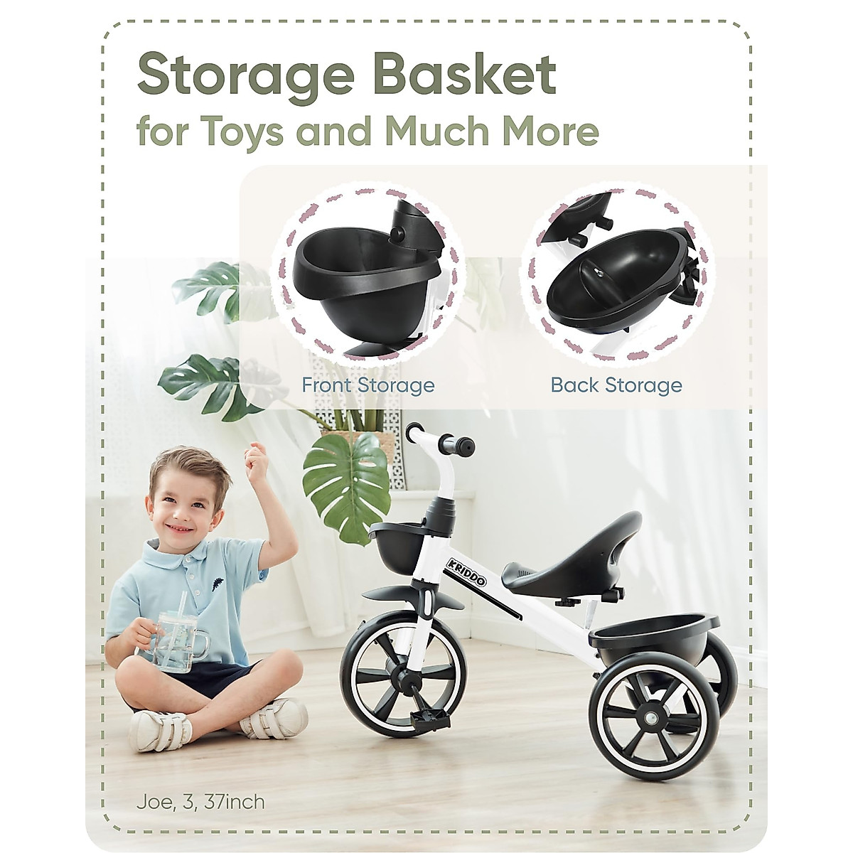 KRIDDO Kids Tricycles for 2-4 Year Olds, Toddler Trike Gift for 24 Months to 4 Years, White