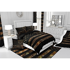 American Flag Camo Comforter Set Queen,Military Hunting Bedding Set Rustic Trees Leaves Camouflage Comforter for Boys Teens Kids Man Bedroom Nature Conifer Oak Branches Bedding Quilt Set 3 Pcs