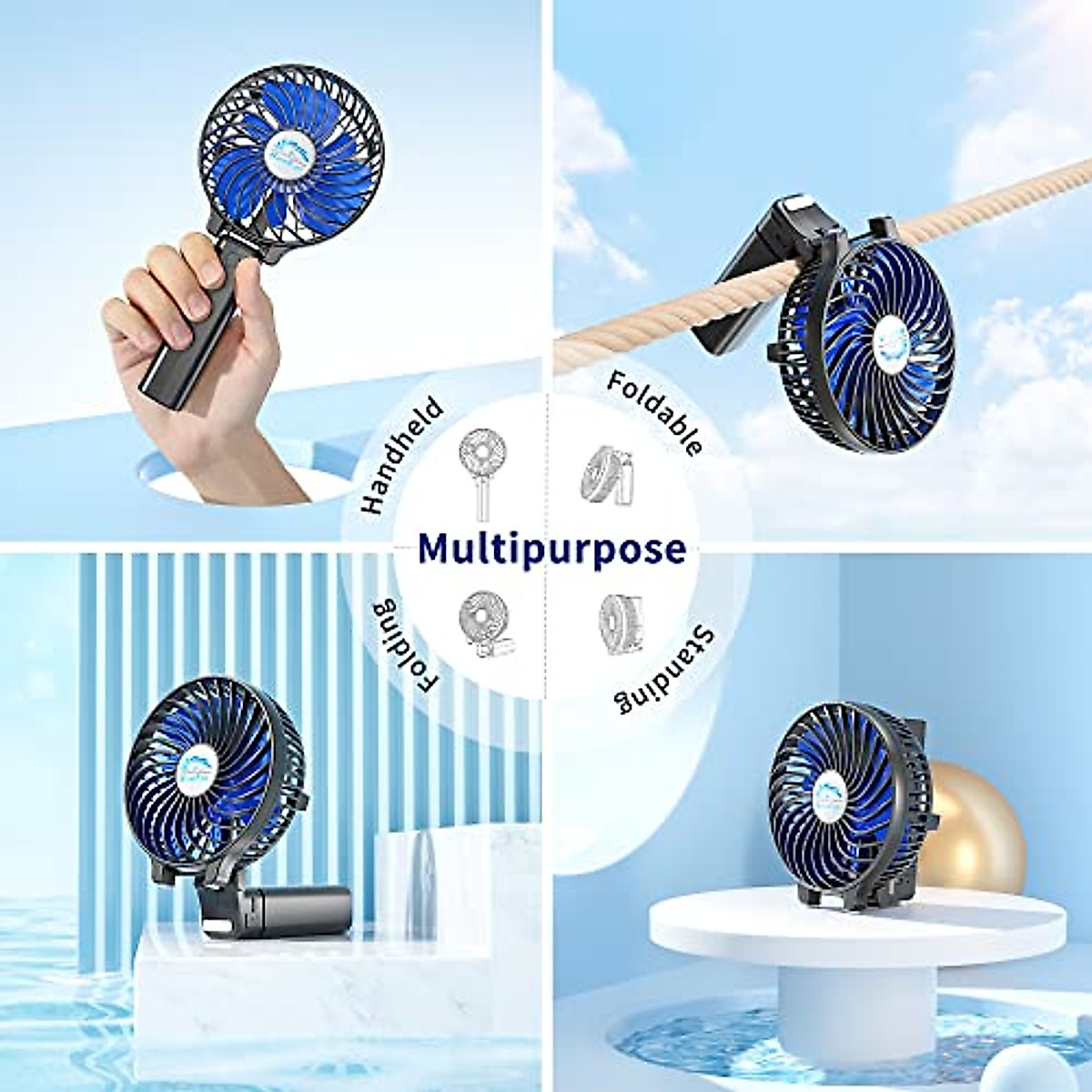 HandFan Portable Handheld Fan, Mini Personal Fan, Battery Operated Cooling Rechargeable Fan, 180° Foldable Small Hand Fan, USB Powered, for Home, Office, Outdoor, Hiking, Travel, Stroller