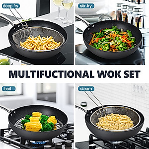 MICHELANGELO Nonstick Wok with Lid, Hard Anodized Wok Pan, Induction Wok 12 Inch, Large Wok Pan with Flat Bottom, Cooking Wok with Steamer Rack & Fry Basket, Woks and Stir Fry Pans - 5 Quart
