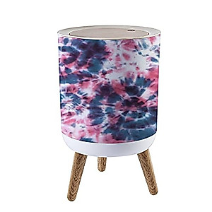 Small Trash Can with Lid Tie dye shibori seamless Watercolor hand painted pink red indigo blue Garbage Bin Wood Waste Bin Press Cover Round Wastebasket for Bathroom Bedroom Diaper Office Kitchen