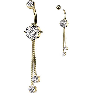 316L Surgical Steel Double Jeweled CZ With 2 Rope Chain Dangle Belly Button Ring (Gold)