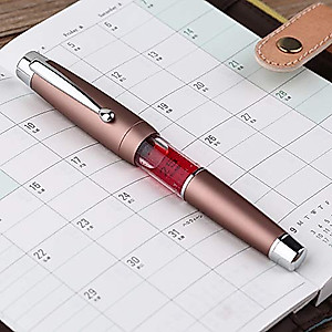 Asvine Mojiang T2 Elastic Piston Fountain Pen, Brown Alloy Acrylic Large-Capacity Ink Pen, Fine Nib with Pen Case