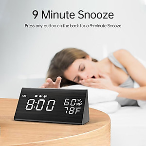 Digital Alarm Clock, with Wooden Electronic LED Time Display, 3 Alarm Settings, Humidity & Temperature Detect, Wood Made Electric Clocks for Bedroom, Bedside… (Black)