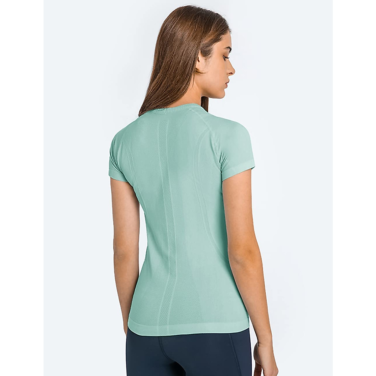 LUYAA Womens Yoga Tops Short Sleeves Seamless Fitted Gym Running Sports Summer Breathable Mint Green M