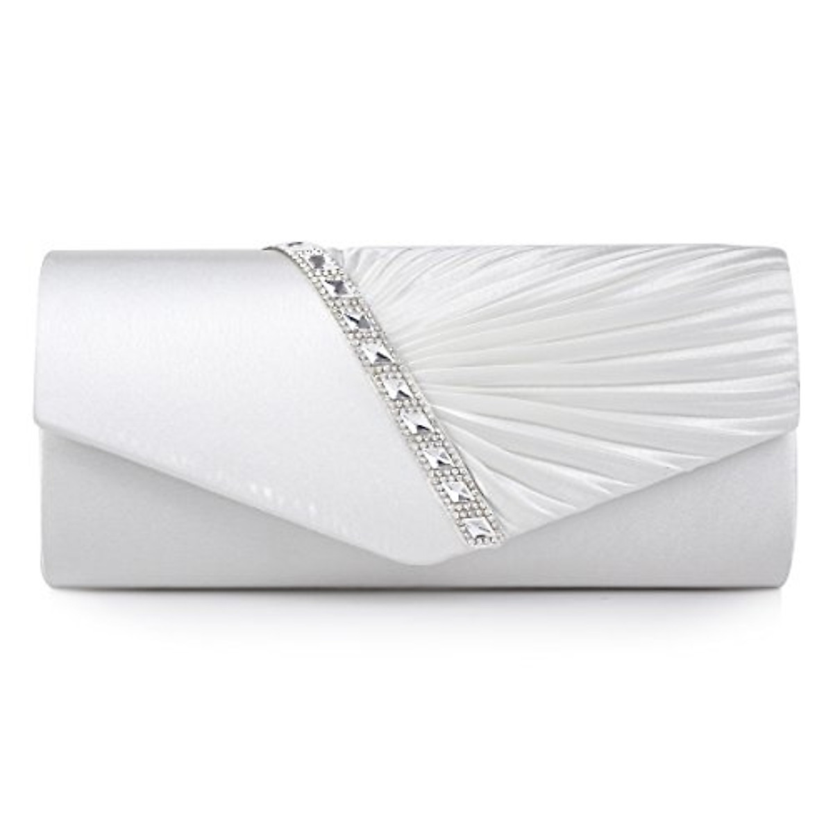Damara Womens Pleated Crystal-Studded Satin Handbag Evening Clutch,White, large