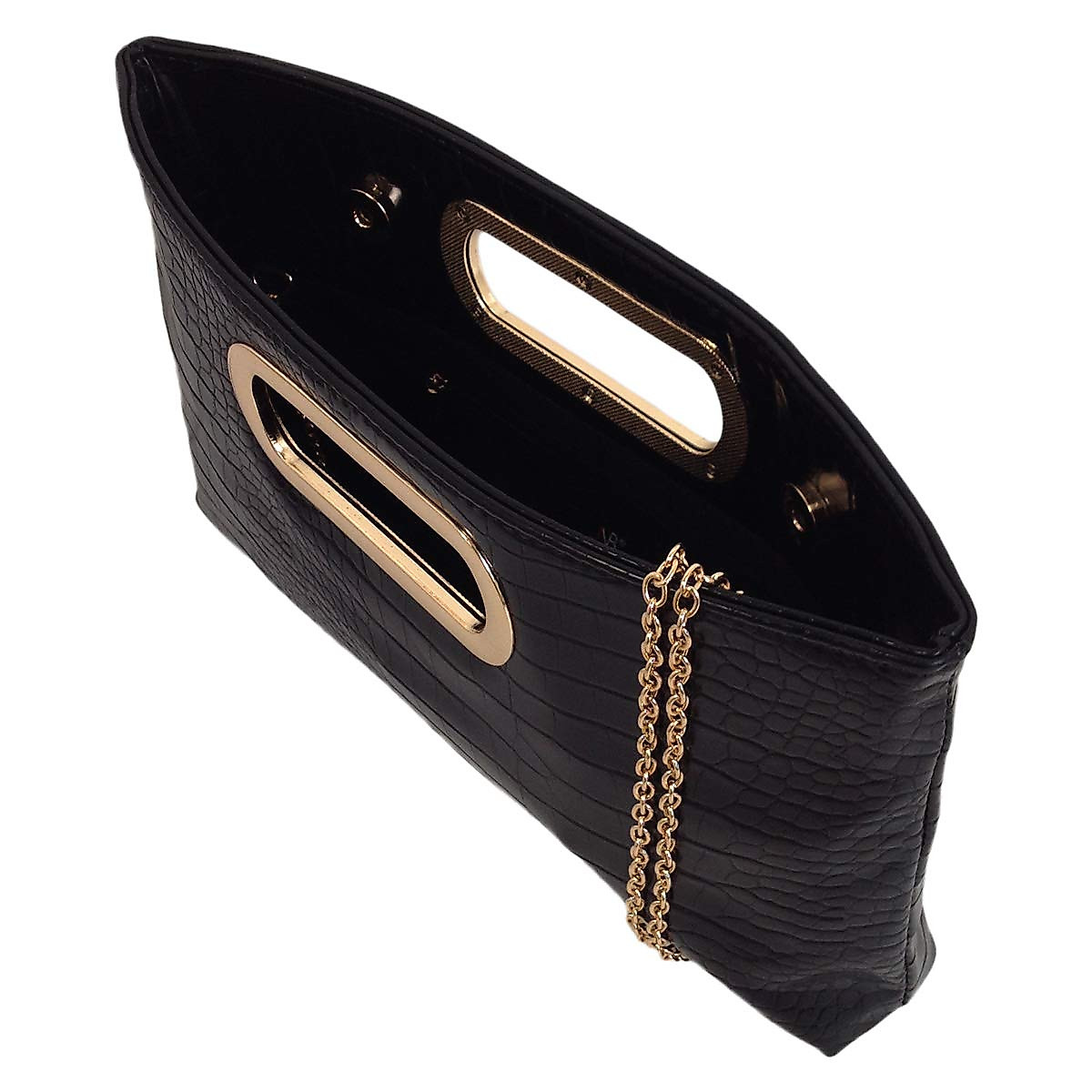 Crocodile Synthetic Leather Top Handle Clutch, BLACK Medium