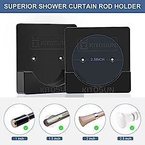 Shower Curtain Rod Holder Wall Mount – Bathroom Tension Pole Retainer Brackets with Adhesive Tape for Quick Stick on and Stainless Steel Screws for Drilling Installation 3/5” Deeper Rim (Black)