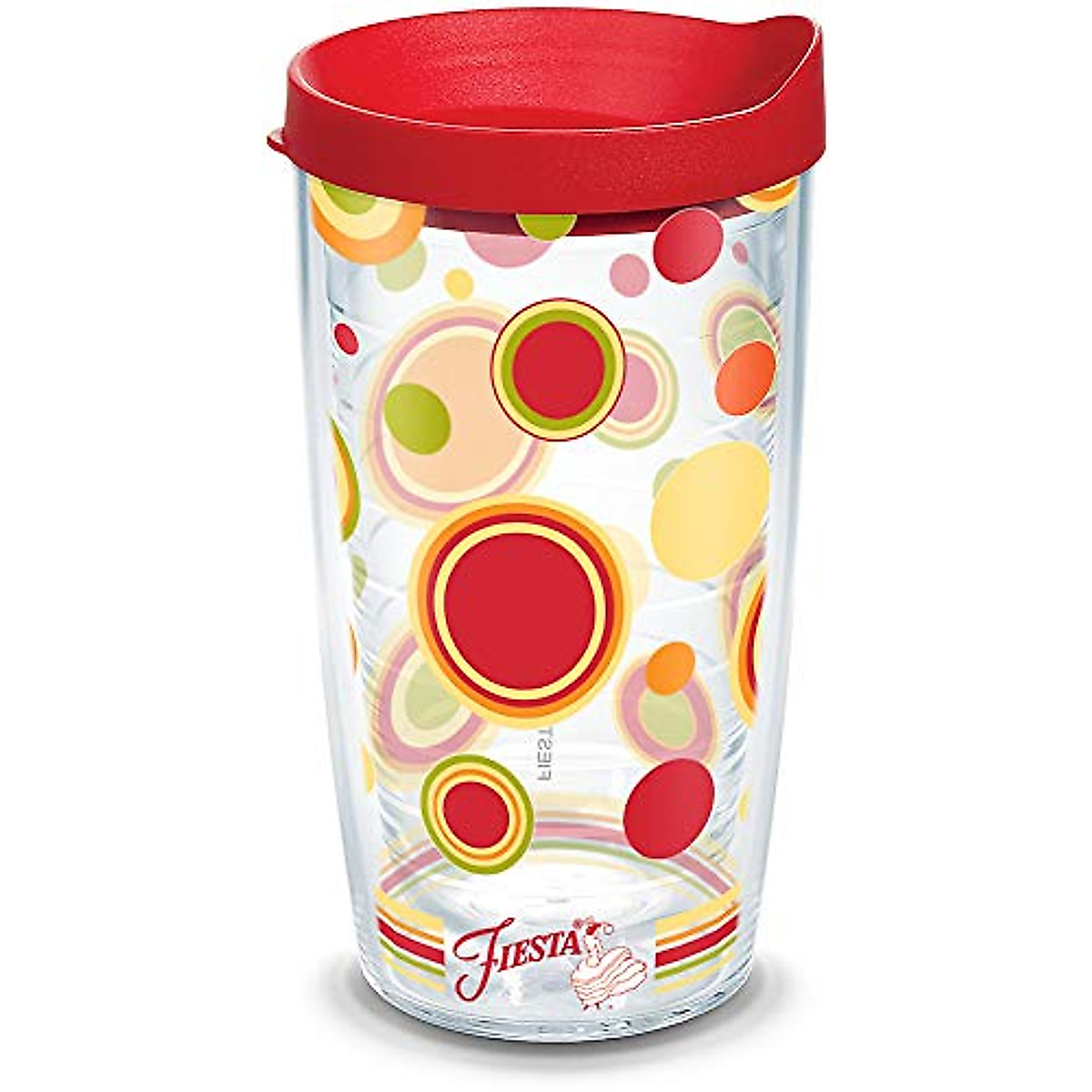 Tervis Made in USA Double Walled Fiesta Insulated Tumbler Cup Keeps Drinks Cold & Hot, 16oz - Red Lid, Sunny Dots