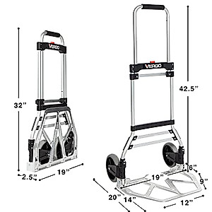 Vergo Industrial Folding Hand Truck - 275 lb. Capacity Dolly Cart - No Assembly Required Hand Cart, Lightweight, Collapsible & Compact, Telescoping Handle Extends to 42.5 Inches
