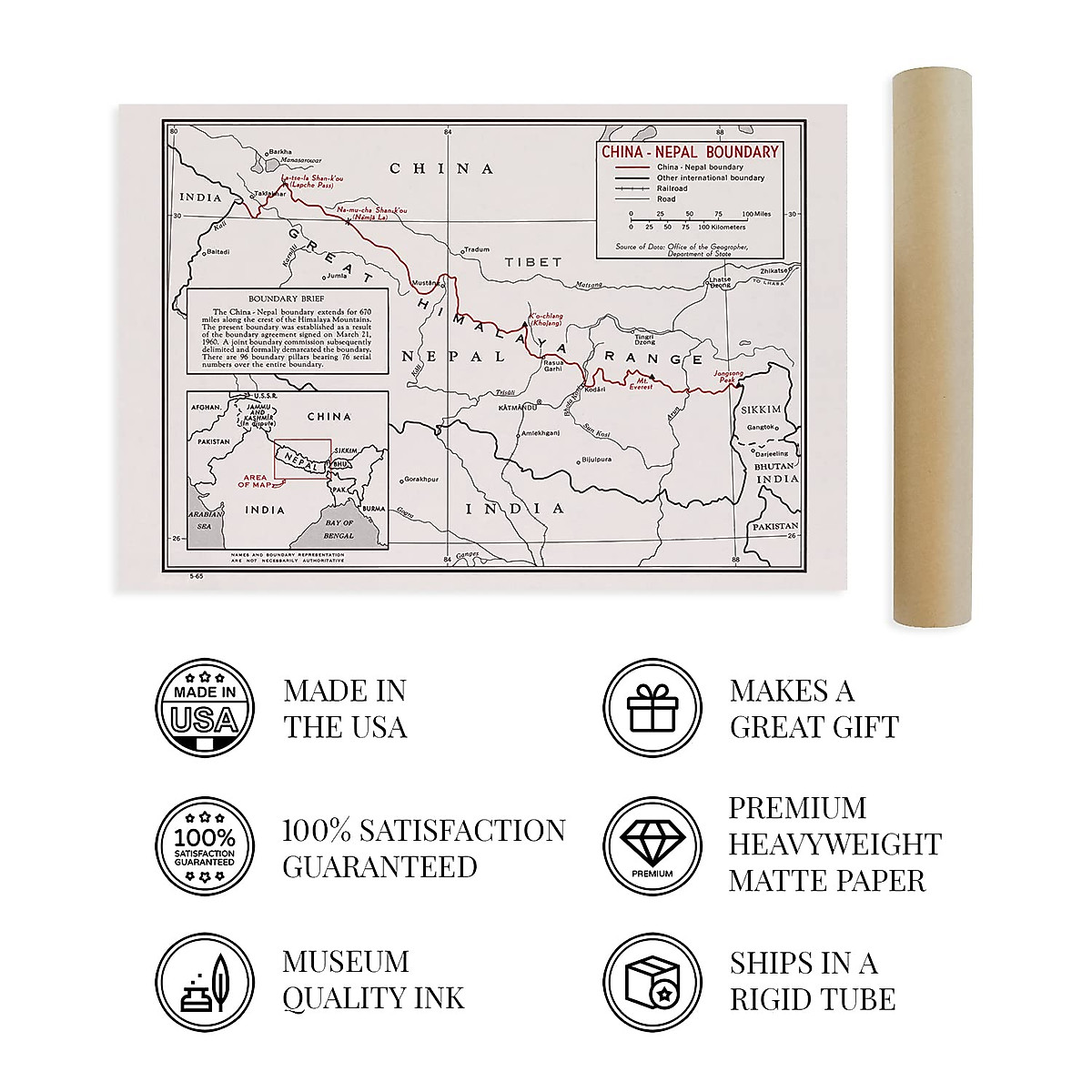 HISTORIX Vintage 1968 China Nepal Boundary Map - 24x36 Inch Vintage Map of China & Nepal Wall Art - History Map of Tibet - Old China Nepal Map