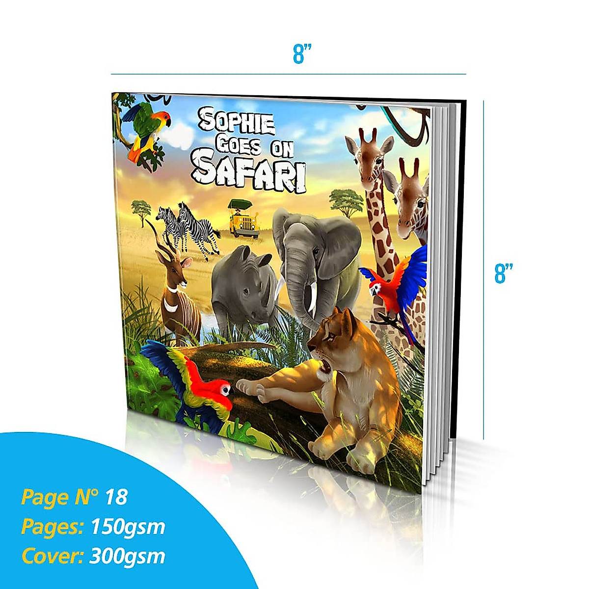Personalized Story Book by Dinkleboo - Goes On Safari - Teaches Your Child All About Safari Animals - for Children Aged 0 to 8 Years Old - Soft Cover - Smooth, Glossy Finish (8"x 8")