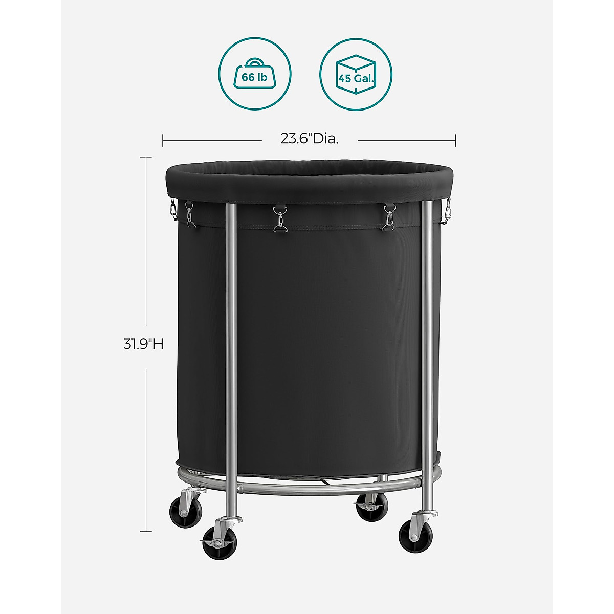 SONGMICS Laundry Basket with Wheels, Rolling Laundry Hamper, 45 Gal., Round Laundry Cart with Steel Frame and Removable Bag, 4 Casters and 2 Brakes, Black and Silver URLS001B01