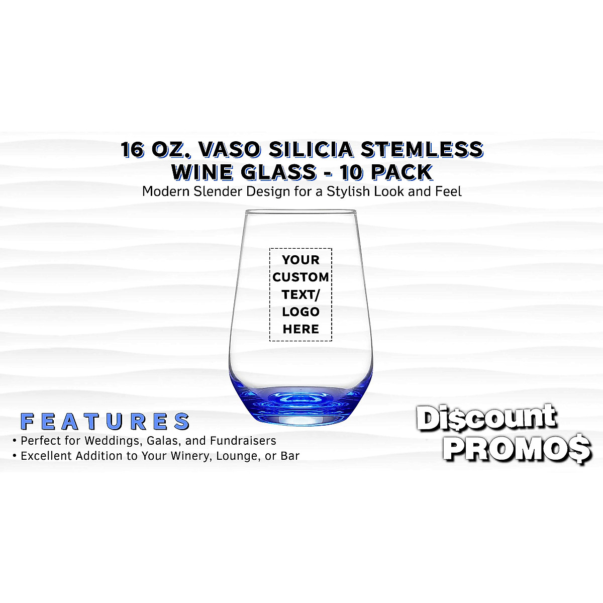 DISCOUNT PROMOS 10 Vaso Silicia Stemless Wine Glasses Set, 16 oz. - Personalized Text, Logo - Clear, Orb-Like, Thick base - Blue