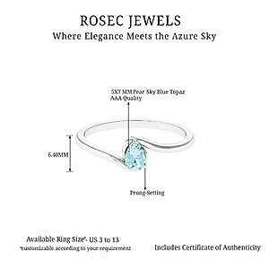 Rosec Jewels Natural Sky Blue Topaz Solitaire Engagement Ring, AAA Quality, Certified Topaz Bypass Ring - Ready to Gift, 14K White Gold, Size:US 4.00