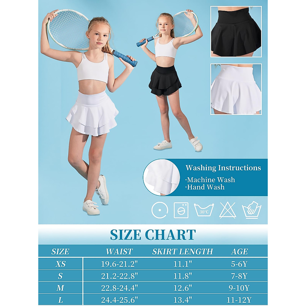 Soudittur Girls Tennis Skirt with Shorts Kids Golf Clothes High Waisted Toddler Athletic Skort with Pockets (L, White)