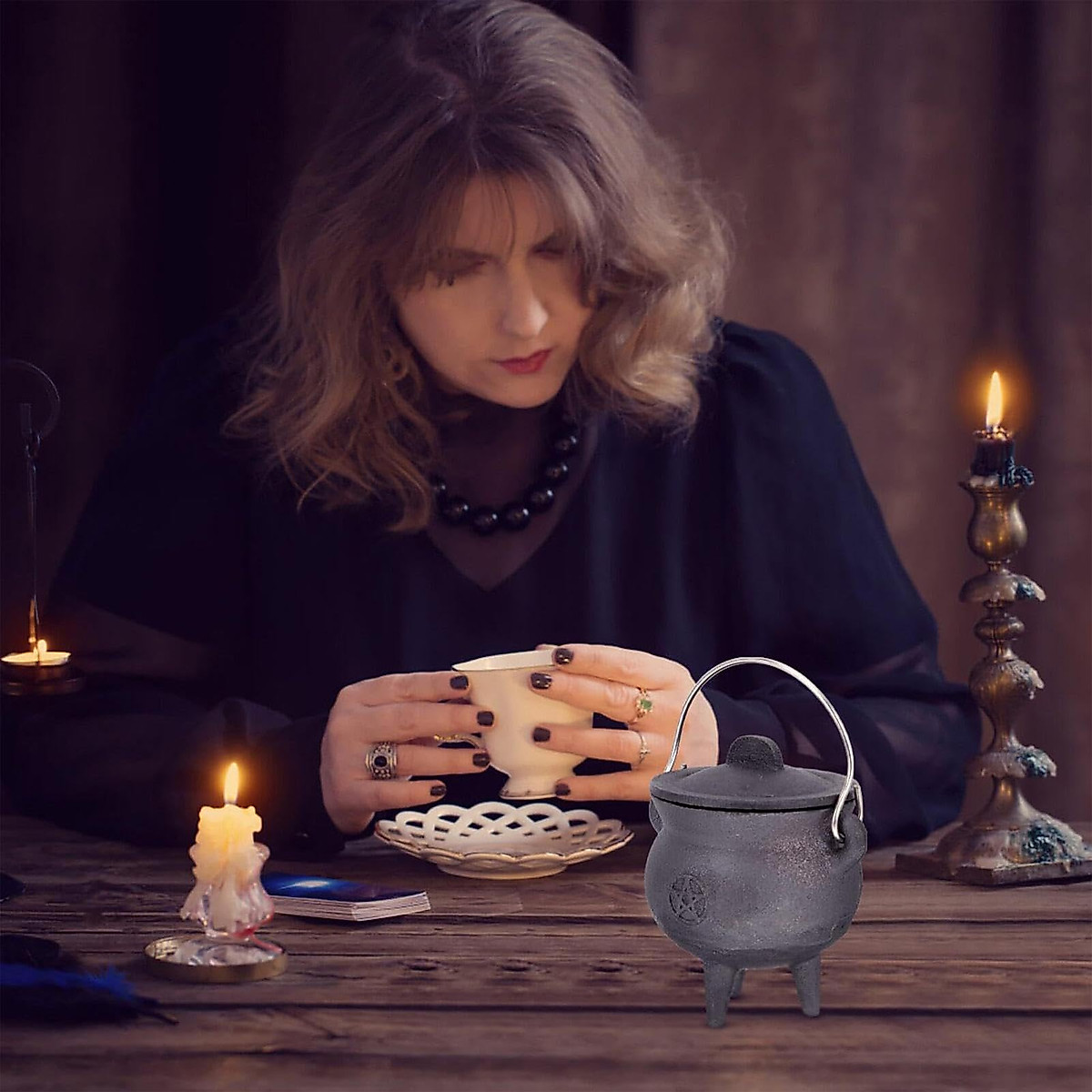 Cast Iron Cauldron with Lid and Carry Handle, 4 Inch Halloween Witch Pot for Spells, Smudging, Ritual & Blessings | Halloween Decoration Or Incense Burning