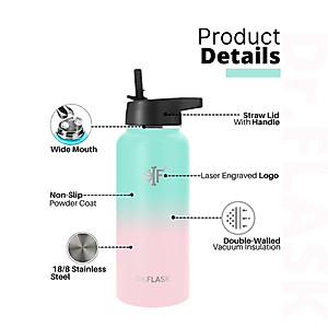 Dr.FLASK Sports Water Bottle - 32 Oz, 3 Lids (Straw Lid), Leak Proof, Vacuum Insulated Stainless Steel, Double Walled, Thermo Mug, Metal Canteen