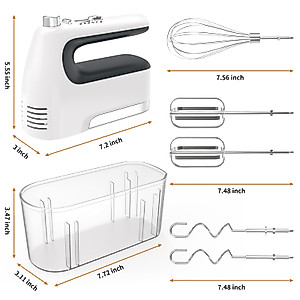 Yomelo Hand Mixer Electric 5-Speed, 400W Powerful Mixer for Baking, Mixer Electric Handheld with Storage Case, Turbo Boost and 5 Stainless Steel Accessories, Flat Beaters, Dough Hooks, Whisk -White