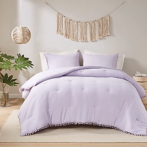 Codi Lavender Purple Boho Full/Queen Comforter Set, Aesthetic Pom Fringe Bedding for Teen Girls, Cute Soft Washed Microfiber Bed Sets, Lightweight 3pcs,1 Comforter & 2 Pillowcases (90x90 Inches)