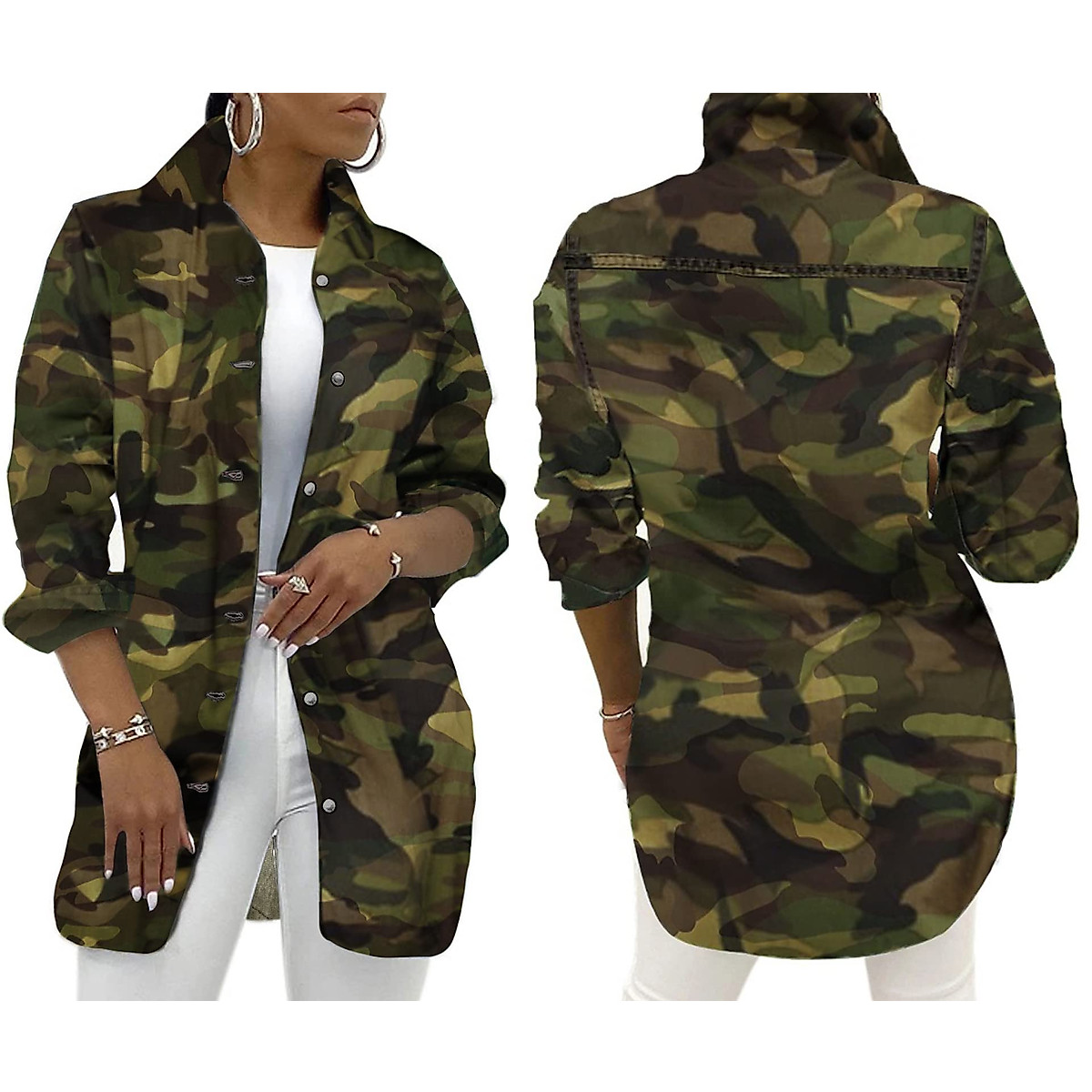SeNight Camouflage Jacket For Women's Casual With Pockets Sexy V Neck Long Sleeve Button Down Denim Coat