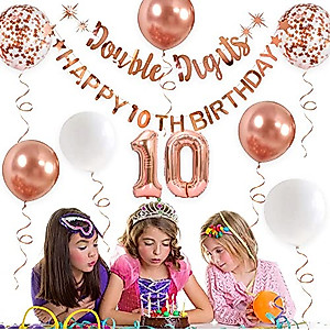 Rose Gold Double Digits Happy 10th Birthday Banner Garland Foil Balloon 10 for Girls Boys 10th Birthday Decorations Hanging 10 and Fabulous Cheers to 10 Years Old Ten Birthday Party Supplies Backdrop