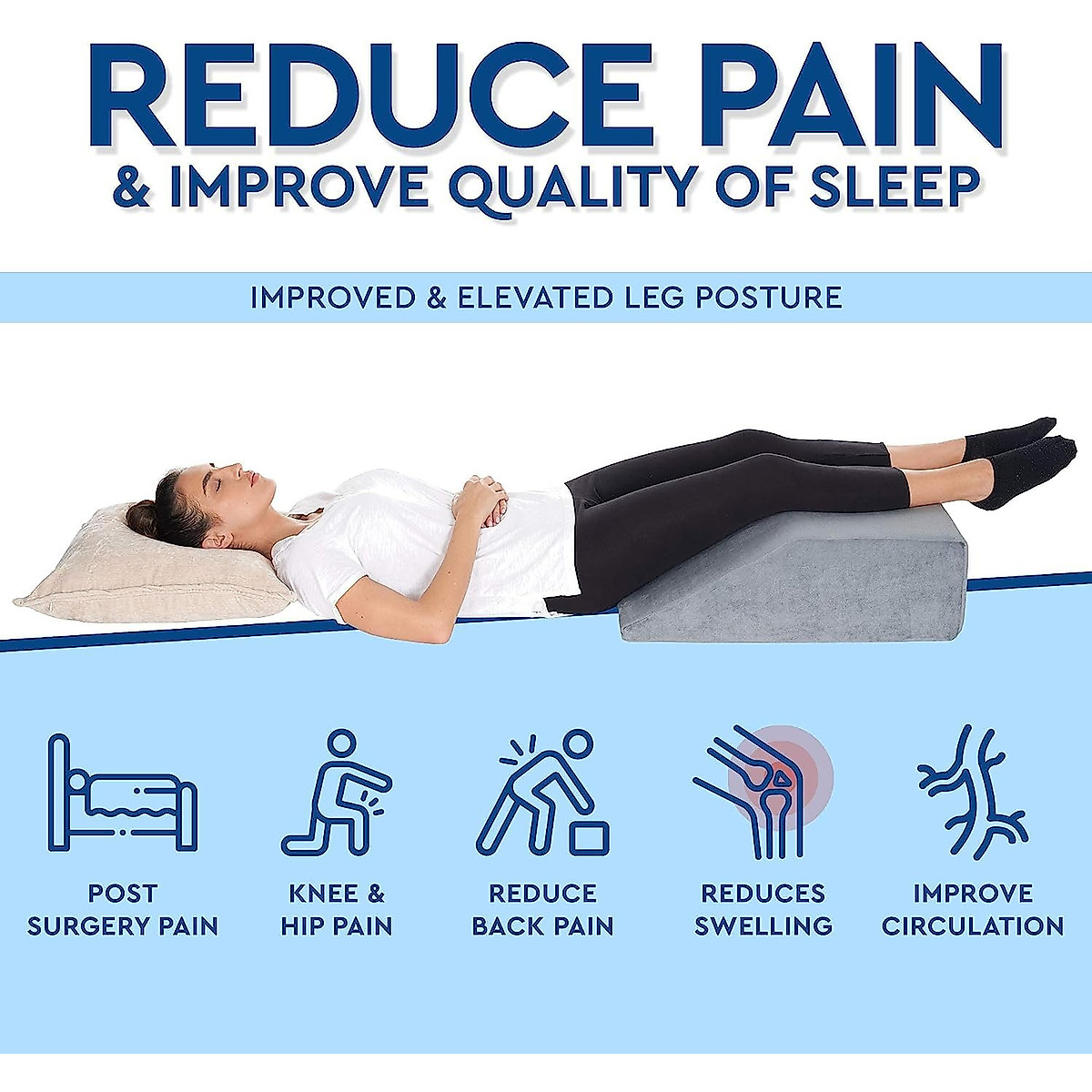 Leg Elevation Pillow - Full Memory Foam Top, High-Density Leg Rest Elevating Foam Wedge - Relieves and Recovers Foot and Ankle Injury, Leg Pain, Hip, Knee Pain, Improves Blood Circulation