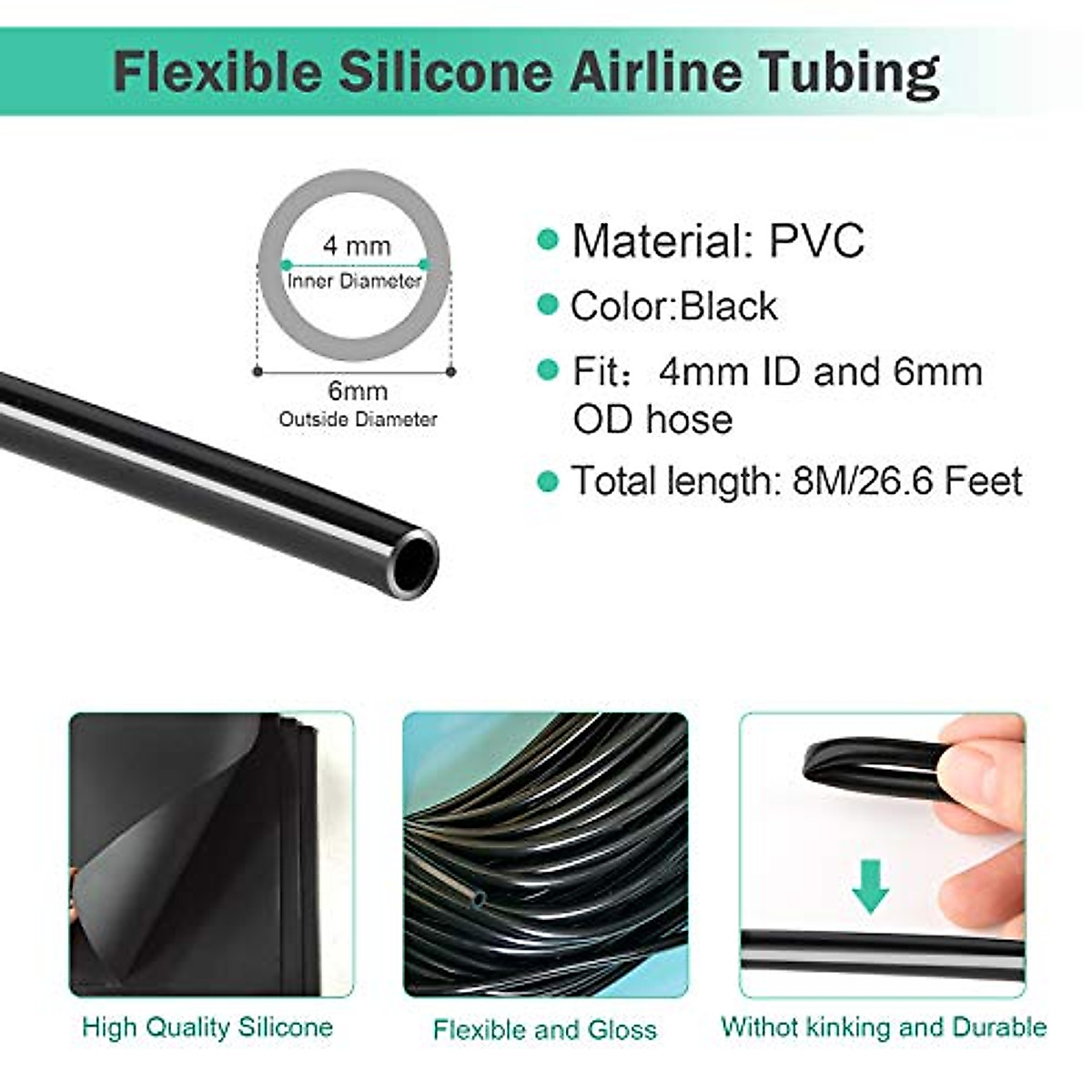 AquariumBasics 26.6 Feet Black Aquarium Soft Airline Tubing Hose Standard with 4 Air Stones,4 air Value Controller,4 Check Valves, 6 Suction Cups and 16 in Total for I,L,T,Y Shape Connectors