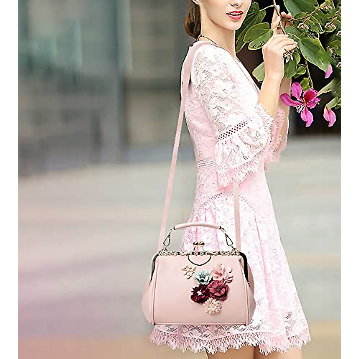 Abuyall Women's Retro Handbag Kiss Lock Shoulder Bag Vintage Purse Flowers M C