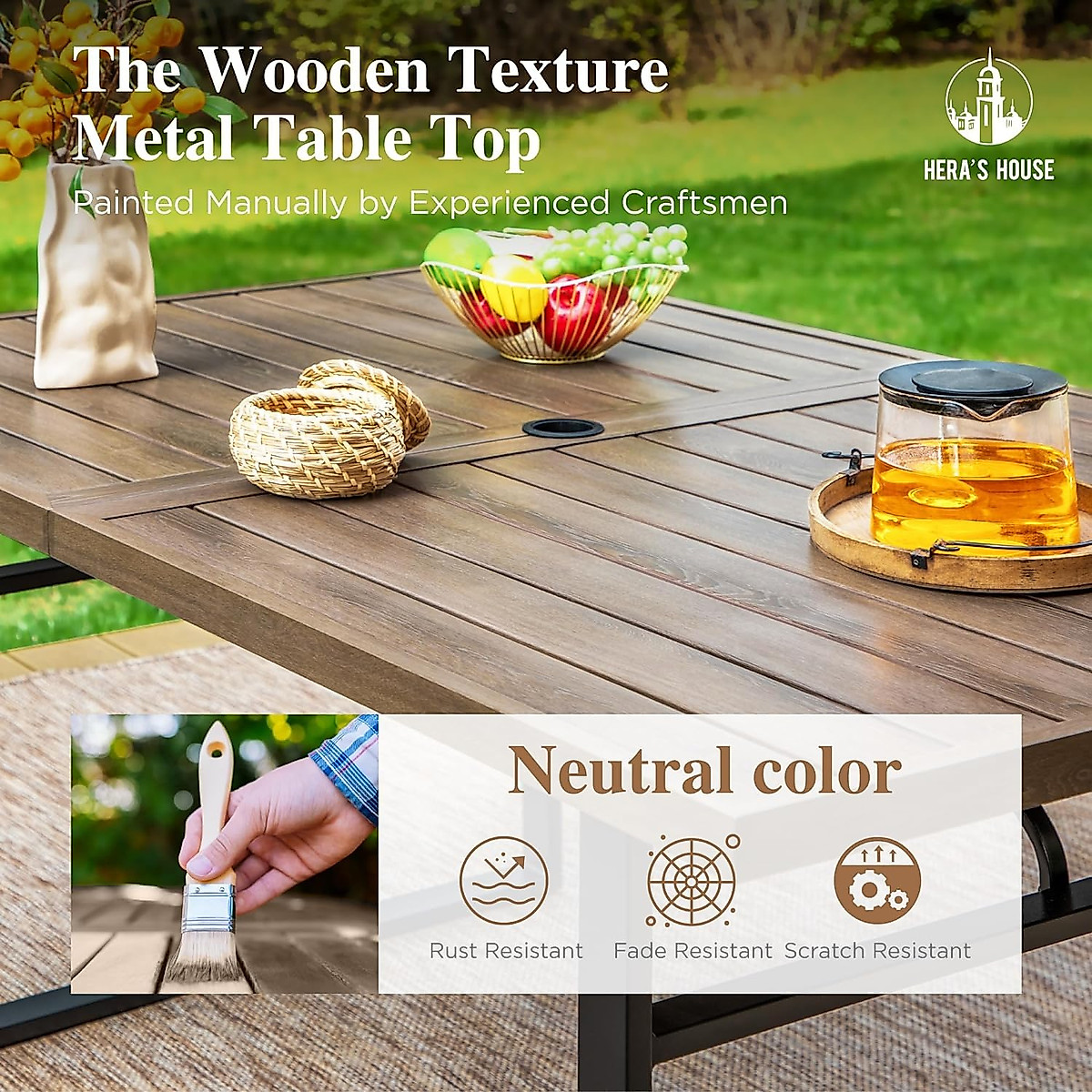 HERA'S HOUSE 7 Pieces Patio Dining Set, Table and Chairs Set for 6, 6 x Stackable Metal Chair, 1 x 64 Outdoor Metal Dining Table for Patio Lawn Garden Porch Deck