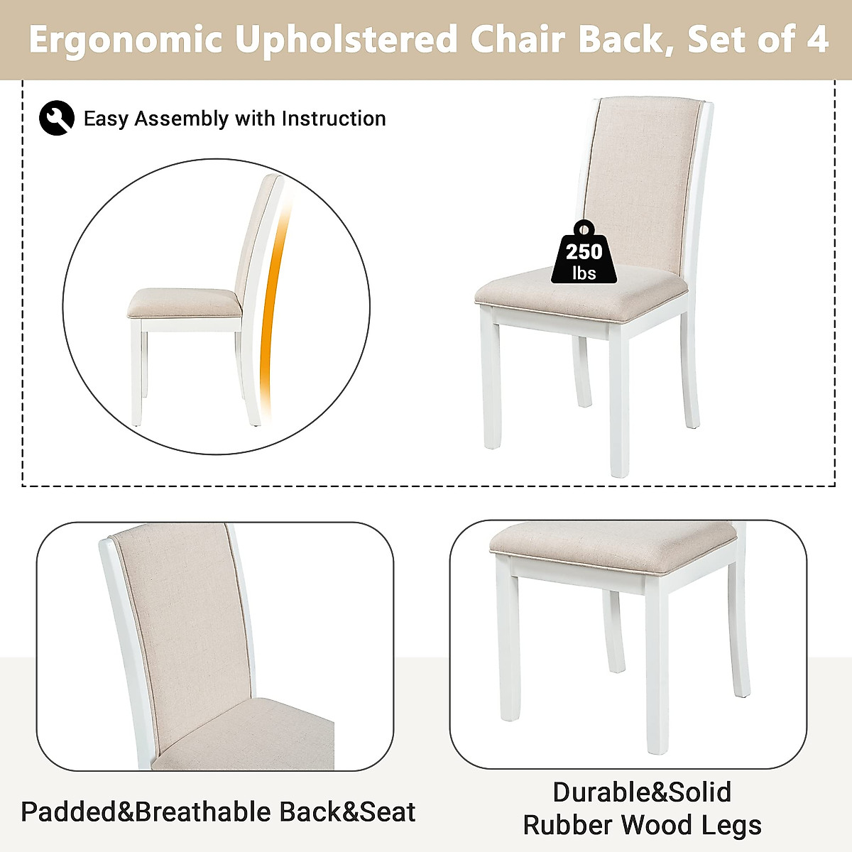 YuiHome Set of 4, Full Back Set with Upholstered, Farmhouse Dining Chairs with Solid Wood Frame and Legs,White+Cushion Beige, Small