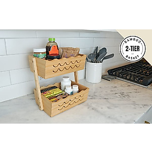 Happy Panda Bamboo 2 Tier Bamboo Fruit Basket Bowl Kitchen Countertop Display Wooden Shelf Organizer Bread Box Stand Holder Multi Purpose Large Storage Capacity for Vegetables & Houshold Accessories