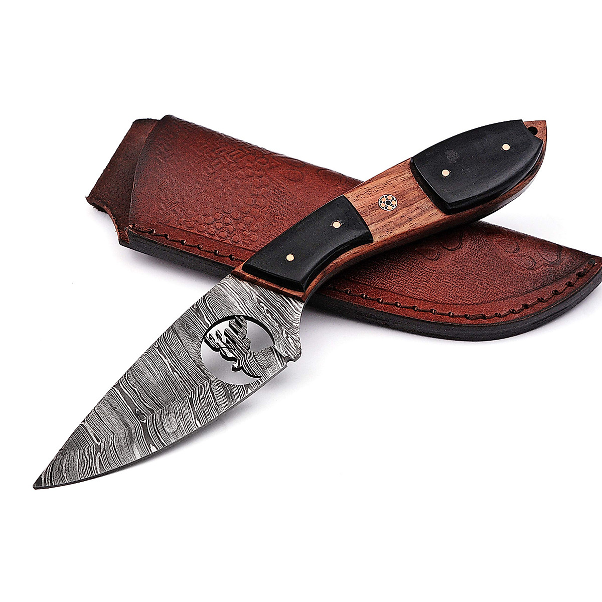 TMBrands Damascus Hunting Knife, Fixed Blade Knife & Camping Knife with Rose Wood & Buffalo Horn Handle & Knife Sheath