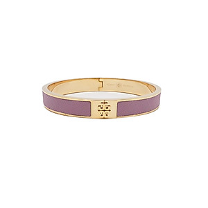 Tory Burch 145435 Tory Gold Tone/Freesia Purple Slim Leather Inlay Women's Cuff Bracelet Size Medium