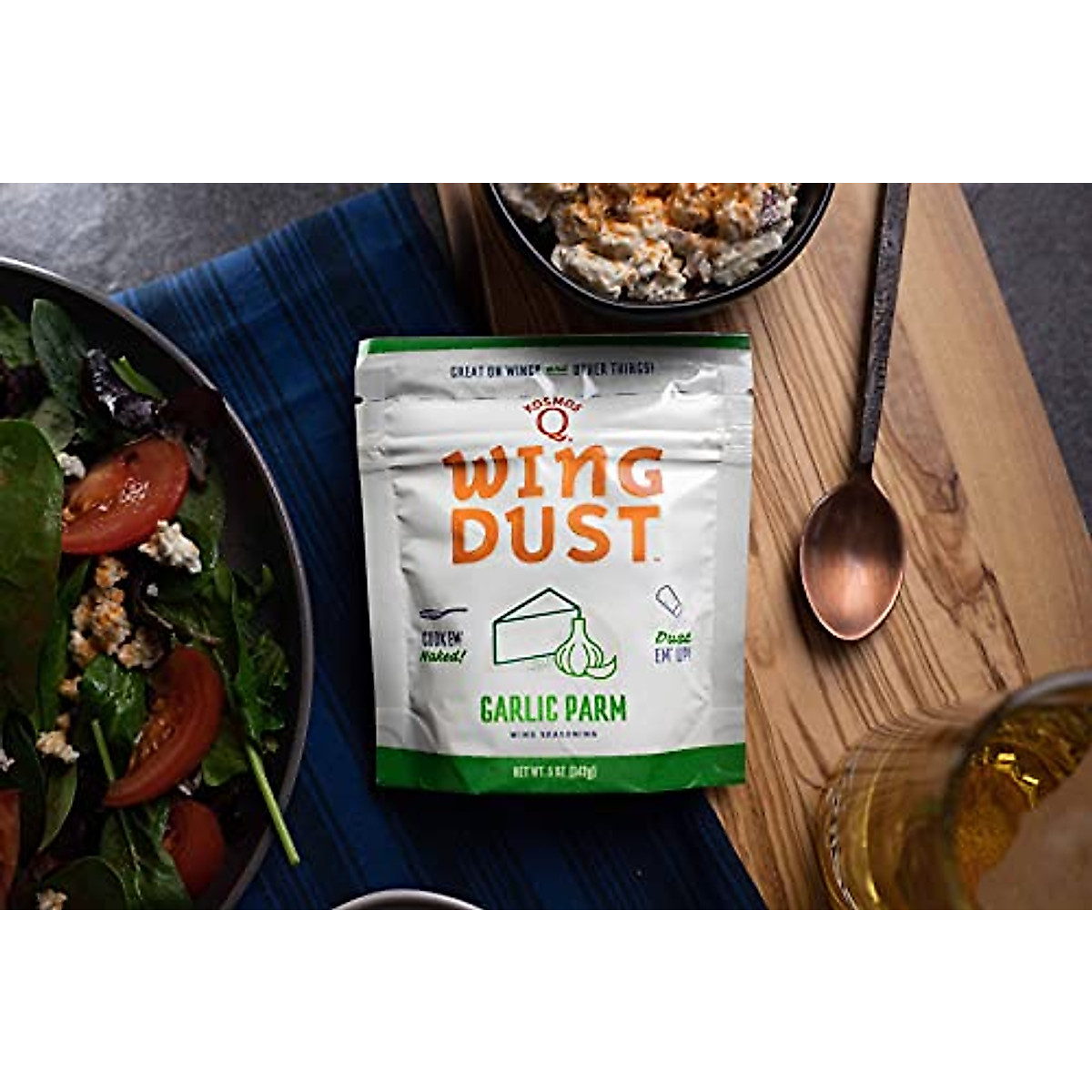 Kosmos Q Garlic Parmesan Wing Dust - 5 Oz Bag for Wings, Popcorn & More - Dry BBQ Rub with Real Garlic & Parmesan Cheese for Savory & Smoky Flavor (Garlic Parmesan)
