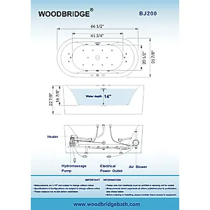 WOODBRIDGE 66-1/2" x 31-7/8" Whirlpool Water Jetted and Air Bubble Freestanding Heated Soaking Combination Bathtub, BJ200
