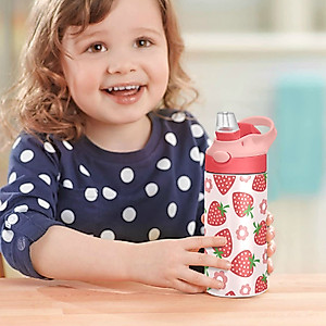 Children Insulated Water Bottles with Straw for School Kids Strawberry Cute Pink Stainless Steel Vacuum Double Wall Keeps Hot and Cold with Handles