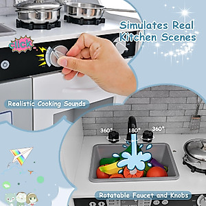 MAT EXPERT Kids Kitchen Playset, Wooden Chef Pretend Toy Kitchen w/Chalkboard, Ice Maker, Cookware Accessories, Telephone, Oven, Microwave, Play Kitchen for Toddlers, Gift for Boys Girls 3+ (White)