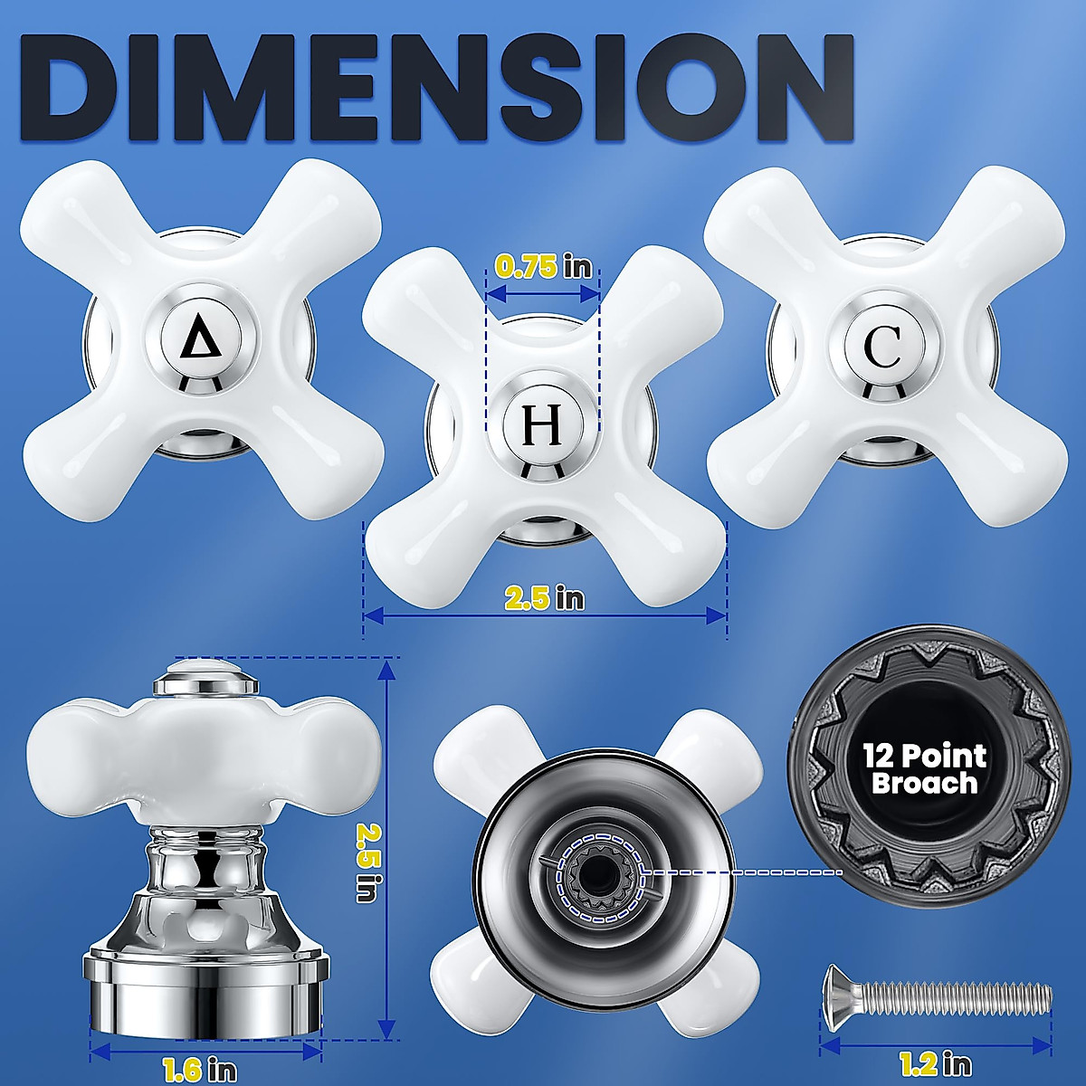 Enhon 3 Pcs Porcelain Handle Set, Compatible with Price Pfister Shower Valve, Hot Cold and Diverter Handle, Fits 12 Point Broach Stem, Chrome Finish White Porcelain(Cross Arm)