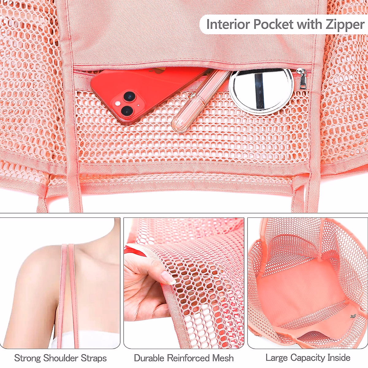 Ayieyill Mesh Beach Tote Large Bag Womens Shoulder Handbag with Multiple Pockets for Women Family Beach Pool Swimming Travel Vacation (M/Pink)