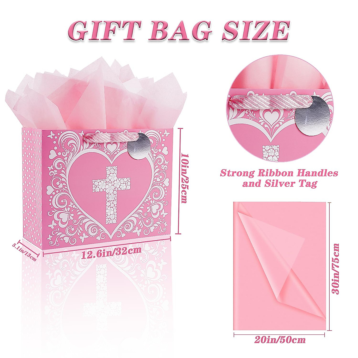 JWSCYSY 12.6" Large Pink Gift Bag with Metallic Silver Floral Cross Design, Card and Tissue Paper for Baby Girl Baptisms, Christenings, First Communions Religious